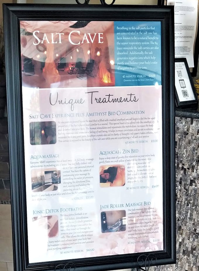 Information display about salt therapy benefits: The science behind the salt, explained without the jargon. Breathing never seemed so productive!