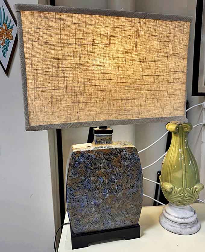 This textured lamp base with its perfect shade creates the kind of warm glow that makes everyone look like they've had a vacation.