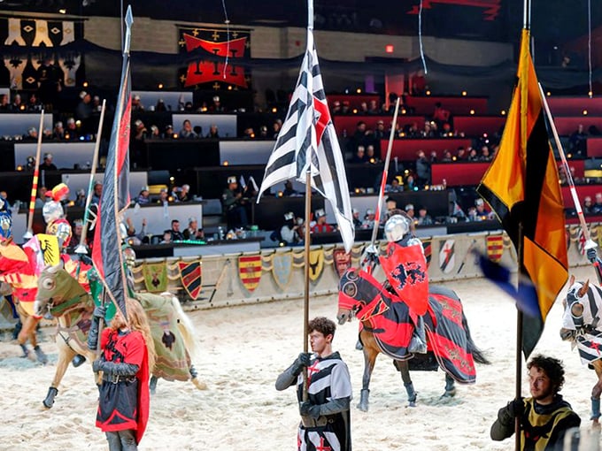 Knights on horseback parade with colorful banners during the tournament, showcasing both equestrian skill and theatrical flair.