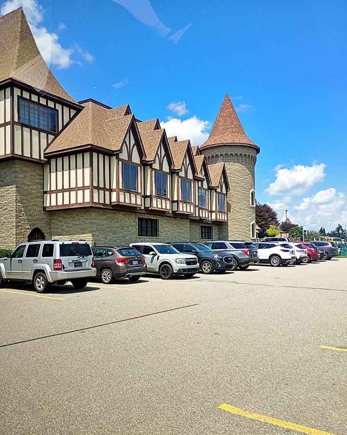 Canterbury Village's impressive exterior showcases the architectural details that make it a standout destination, from stone towers to Tudor-style woodwork.