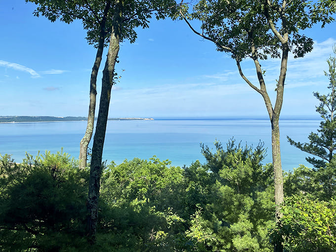 Between the trees, Lake Michigan reveals itself in shades of blue that painters have been trying to capture for centuries.