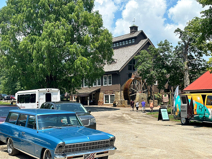 Classic cars and modern minivans share the parking lot – proof that good taste in ice cream transcends generations and automotive preferences.