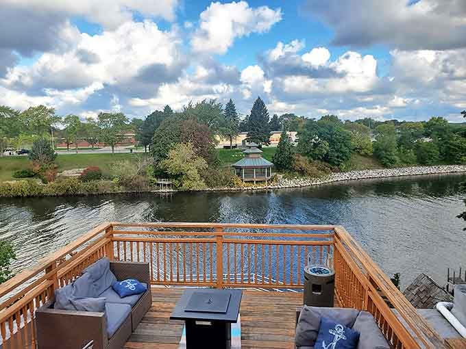 Riverside relaxation reaches new heights on this deck, where conversations flow as freely as the waters below.