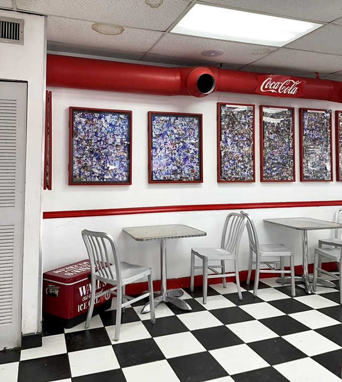 The simple seating area with its Coca-Cola pipe and framed memorabilia invites you to sit awhile and savor every last melting drop.