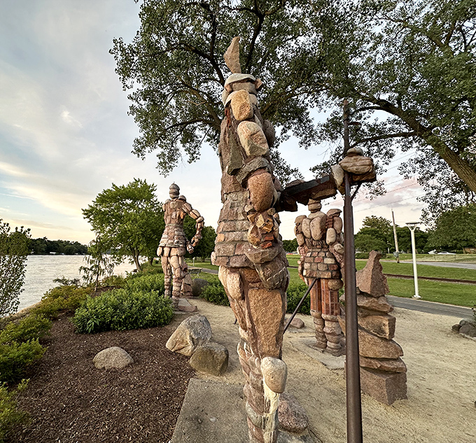 The side view reveals the remarkable engineering behind these sculptures &ndash; balanced stones creating the illusion of movement.