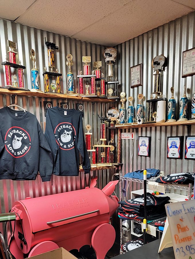 Trophy shelves that tell you everything you need to know: these folks have turned barbecue into both science and art, with delicious results.