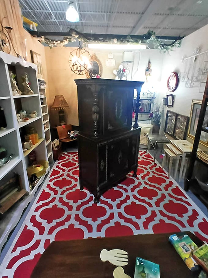 This stately cabinet commands attention on a bold geometric rug &ndash; the perfect statement piece for someone looking to add character to a contemporary space.