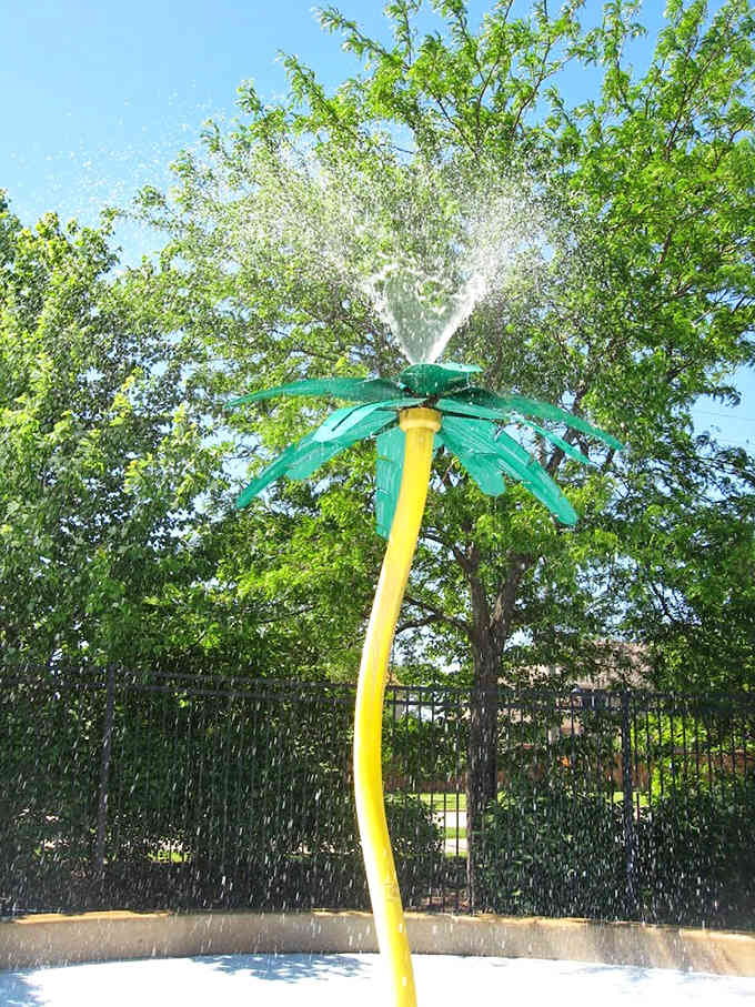 This cheerful palm tree sprinkler proves that sometimes the simplest water features deliver the biggest smiles and most refreshing surprises.