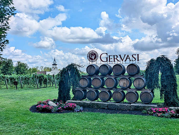 Stacked oak vessels proudly display the Gervasi name against a backdrop of vineyards and sky—a monument to patience as wine transforms within.