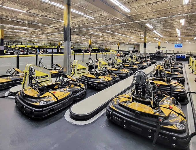 The yellow fleet stands ready for action, each kart promising the perfect blend of safety features and pulse-quickening performance.