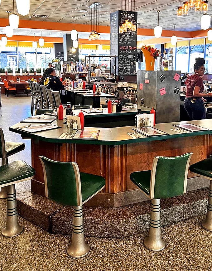 Counter seating Where breakfast theater happens &ndash; these classic diner stools offer front-row seats to the morning culinary show.