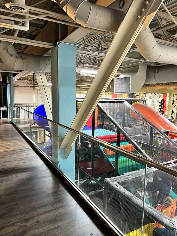 The second-floor viewing area offers parents the perfect vantage point for capturing those "I did it!" moments without hovering directly underfoot.