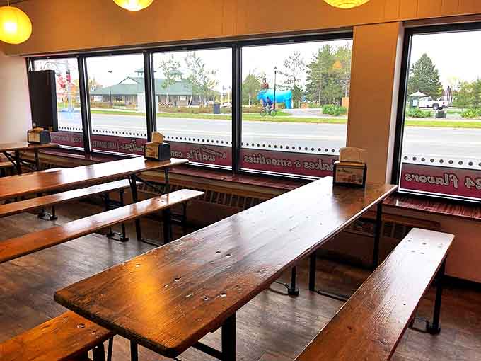 The dining area offers a front-row seat to Bemidji life passing by, perfect for people-watching between bites of deliciousness.