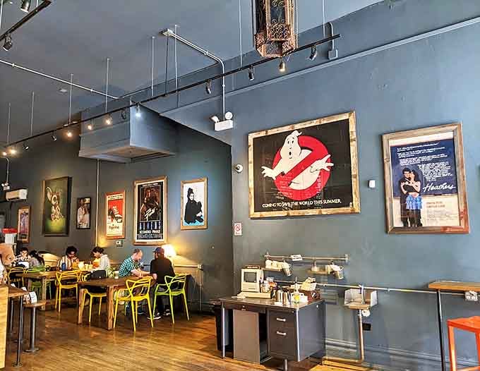 Another interior angle: Railroad memorabilia transforms wood-paneled walls into a museum of Americana, where every artifact tells a story of journeys past.