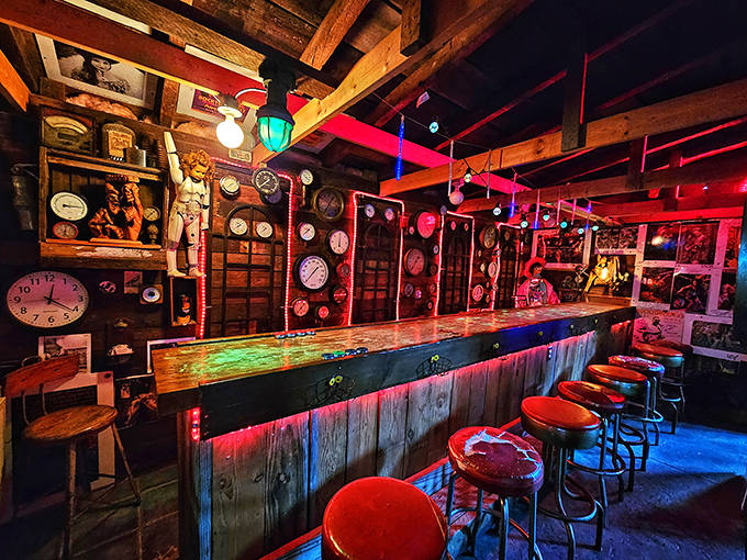 That bar area lined with clocks and curiosities looks like where time goes to retire and enjoy its golden years in style.