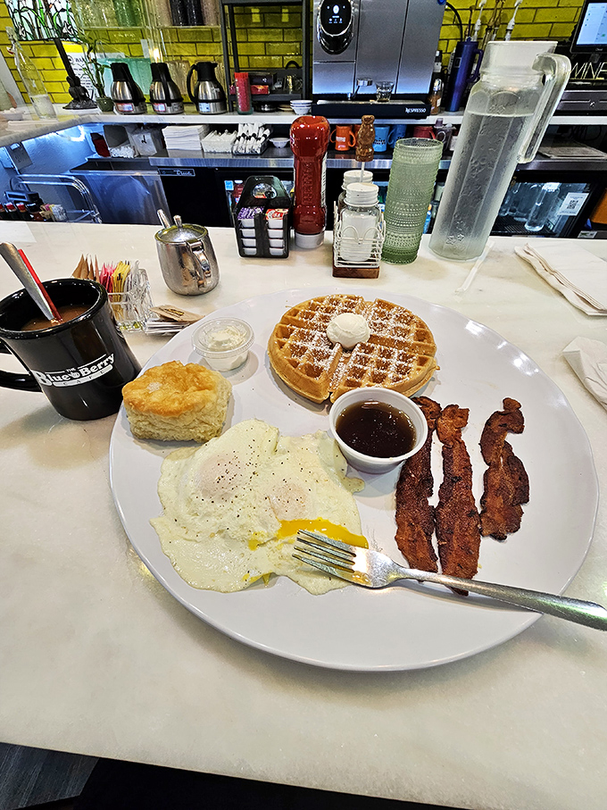 Breakfast of champions: golden waffle, perfectly cooked eggs, and bacon that's achieved the ideal balance between crisp and chewy.