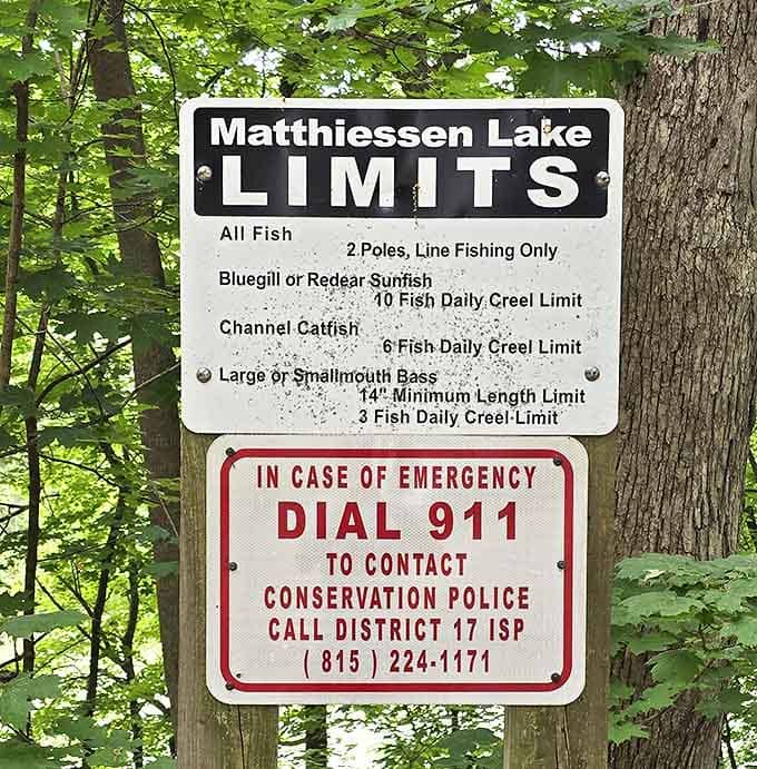 Rules of the fishing game: Matthiessen Lake supports a healthy fish population for anglers seeking bluegill, bass, and catfish.