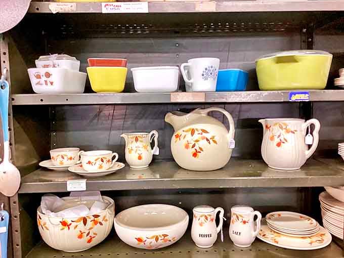 Ceramic dishware arranged with care &ndash; these colorful kitchen workhorses have survived from an era when avocado green was the height of fashion.