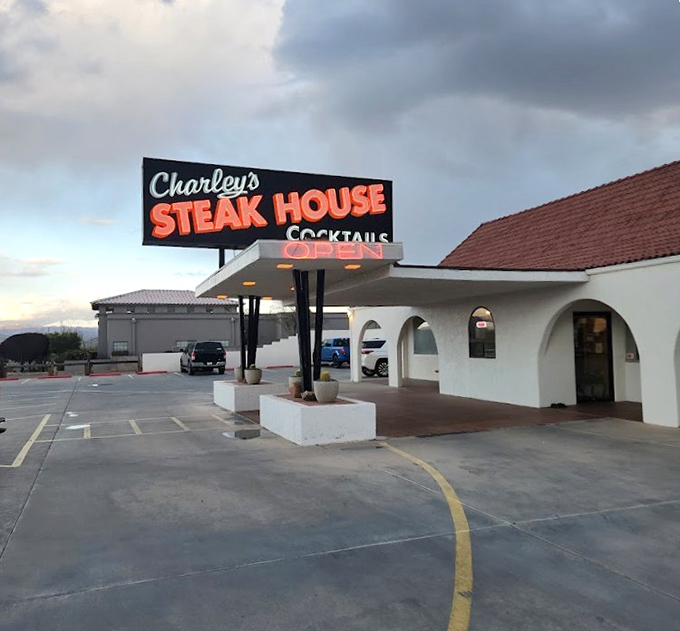 Charley's Steak House has been satisfying hungry visitors with perfectly grilled meats in its distinctive white adobe building.