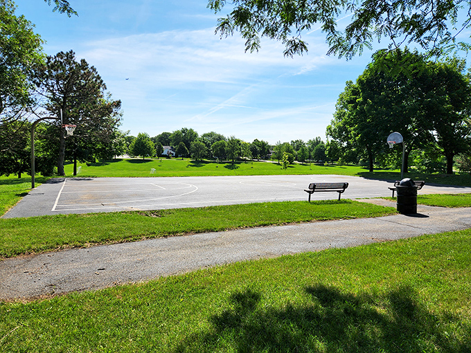 Concord Square Park provides a green oasis amid suburban life, where simple pleasures like picnics and frisbee games create lasting memories.