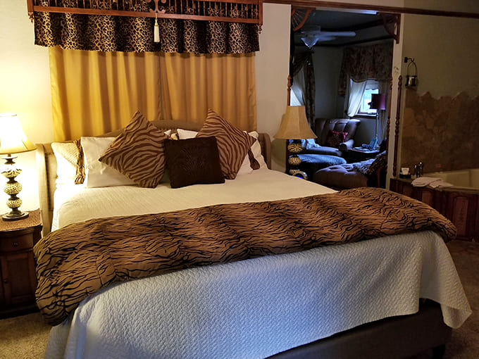 This tiger-print bedroom brings a touch of whimsy to Victorian elegance &ndash; proof that even historic homes can have a sense of humor.