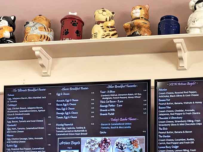 Those ceramic cookie jars lined up like a quirky army add personality to the space, each one probably has a name and backstory.