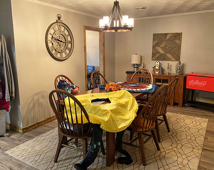 Family meals take on new meaning around this wooden table, where conversations flow as freely as the coffee.