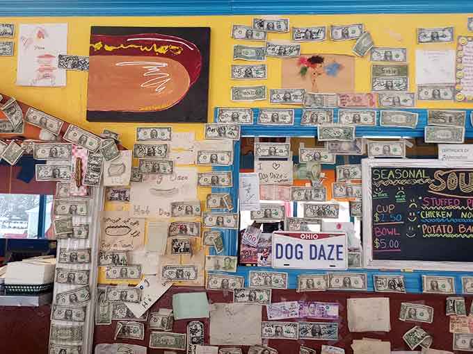 The quirky dollar bill decor tells stories of countless satisfied customers who literally left their mark on this beloved Canton spot.