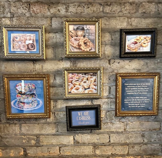 Even the walls celebrate the donut artistry happening here, with framed photos that double as delicious inspiration and torture.