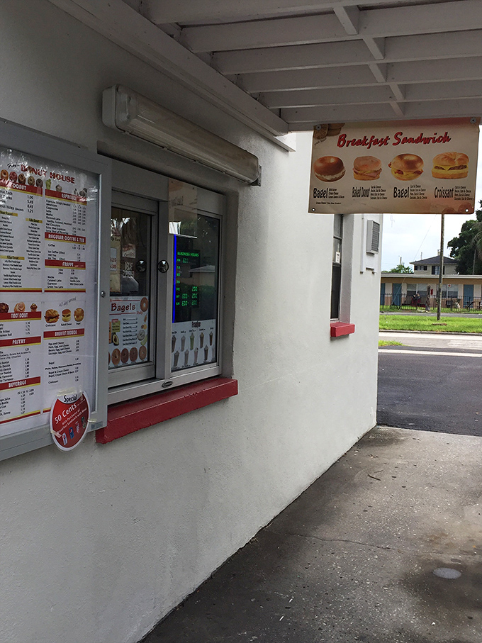 The drive-thru window caters to those in a hurry or perhaps those not yet caffeinated enough for human interaction before 7 AM.
