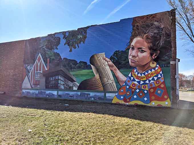 A vibrant mural near Dutch Girl adds color to the neighborhood, reflecting Detroit's creative spirit and cultural renaissance.