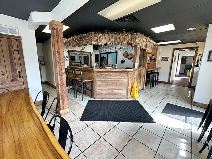 Warm wood tones and rustic finishes create a space that feels both exotic and comfortably familiar.