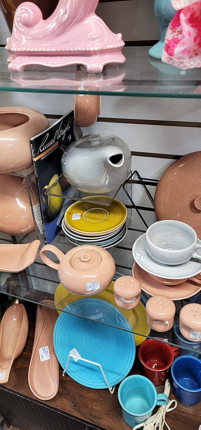 Fiestaware in every hue creates a ceramic rainbow that makes modern minimalist dishes look like they're having an existential crisis.