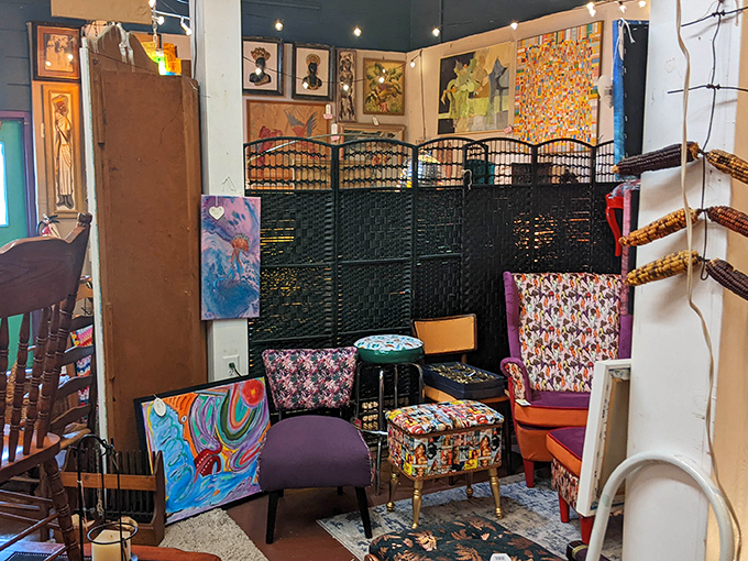 A colorful corner showcases upcycled furniture pieces that prove everything deserves a second act &ndash; especially if it involves vibrant fabric.