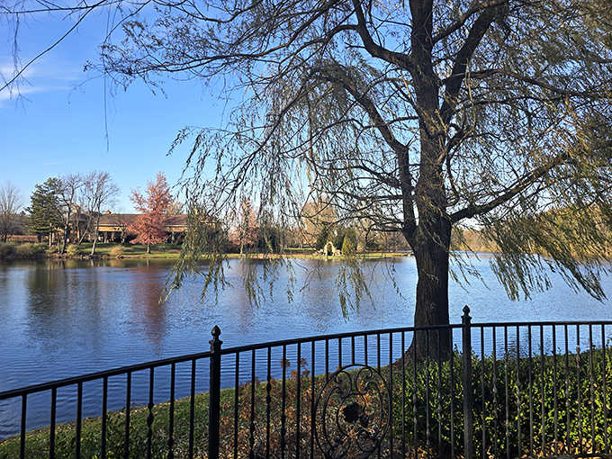 Tranquil waters mirror weeping willows and blue skies, creating a moment of zen where visitors pause, breathe deeply, and remember what matters.
