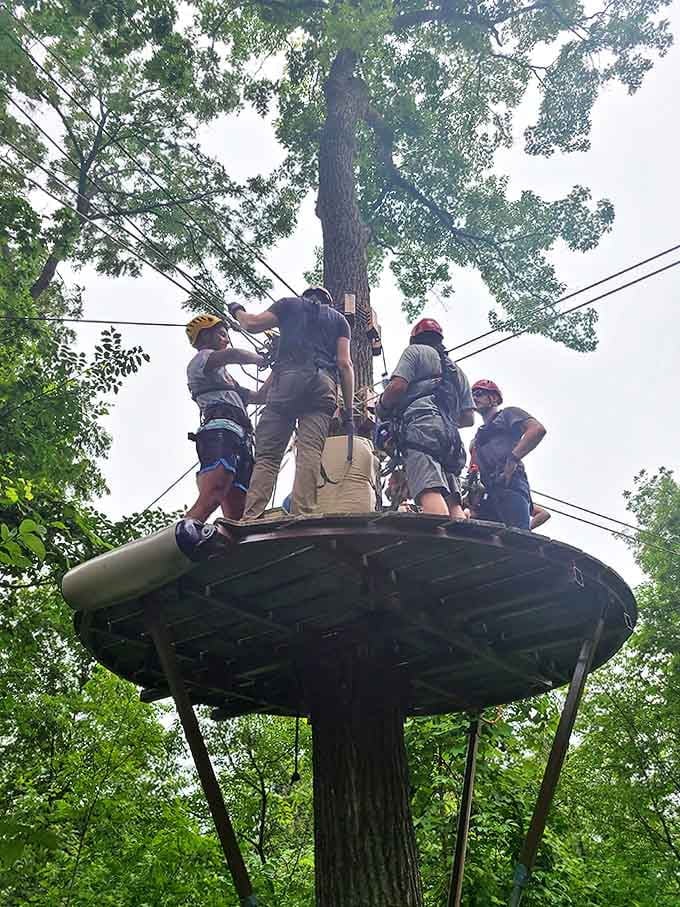 The platform crew: part safety team, part cheerleading squad for when your courage needs a little boost.