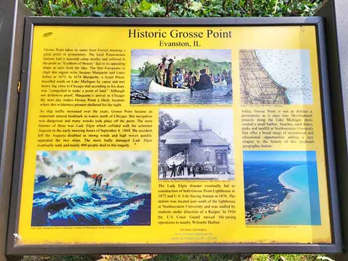 Historical markers tell the tragic story behind the lighthouse's construction, where the 1860 Lady Elgin disaster claimed 300 lives and prompted better navigation solutions.