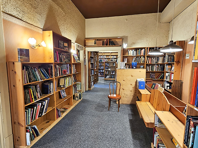 Wooden benches invite weary browsers to rest between literary expeditions, though sitting usually leads to more reading, not less.