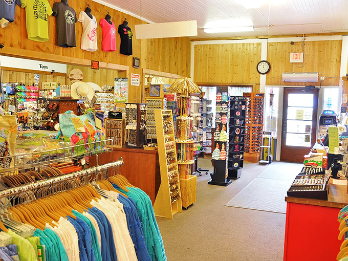 The General Store offers everything from beach necessities to island souvenirs, its wooden shelves stocked with both practical and whimsical finds.