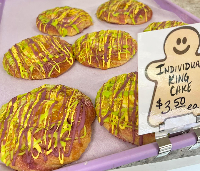 These vibrant king cakes bring Mardi Gras spirit to the Midwest, their purple and green drizzles transforming ordinary Tuesday afternoons into mini celebrations.