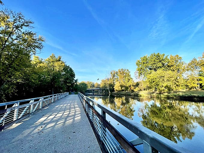 A modern bridge spans calm waters, creating perfect reflections that double the visual pleasure for those who pause to notice.
