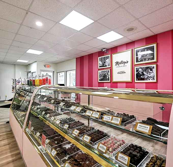 History meets sweetness at the counter, where vintage photos on pink-striped walls tell the story of decades of chocolate magic.