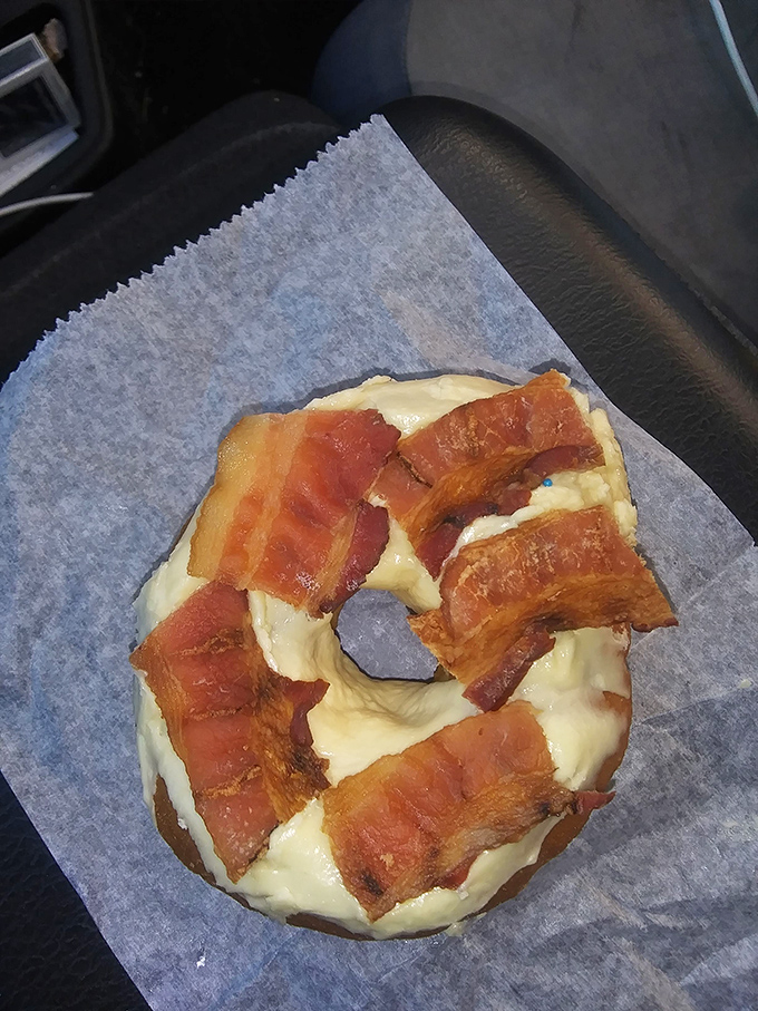 The maple bacon donut—where sweet meets savory in a harmony so perfect, it makes you wonder why all breakfast foods aren't donut-shaped.