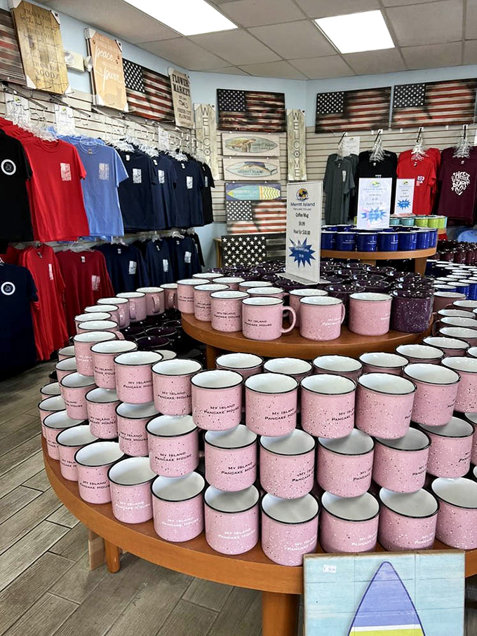 Merchandise displays let you take a piece of pancake heaven home &ndash; those pink speckled mugs practically beg to join your kitchen cabinet.