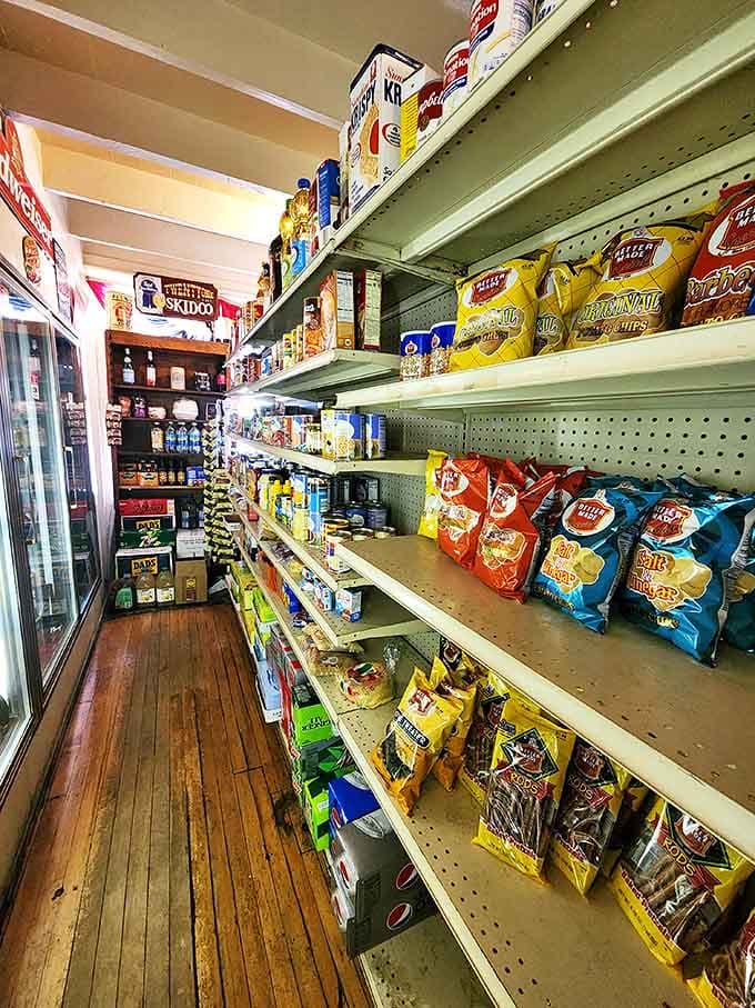 Modern necessities share space with nostalgic brands in this narrow passage where shopping feels like a treasure hunt.