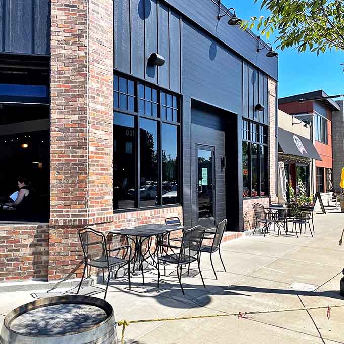 Outdoor cafe seating invites lingering over coffee, because rushing through a meal here would be missing the point.