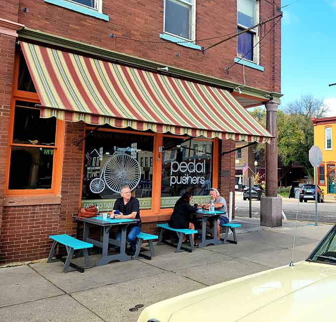 Pedal Pushers Cafe serves up comfort food with a side of people-watching from their sidewalk seating &ndash; the perfect post-cycling refueling station.