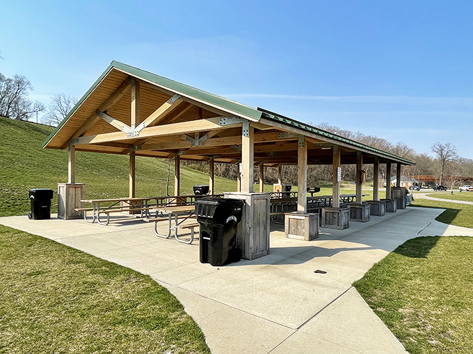 Picnic paradise with a roof! This shelter offers protection from both sudden Ohio downpours and the judgmental stares of squirrels eyeing your sandwich.