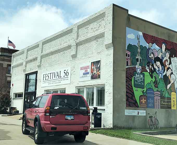 Festival 56's mural announces that art happens here, loud and proud on the side of this cultural cornerstone.