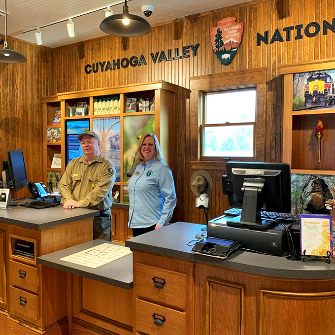 The warm wooden interior of the visitor center showcases the park's heritage, where rangers share tales of valley history.